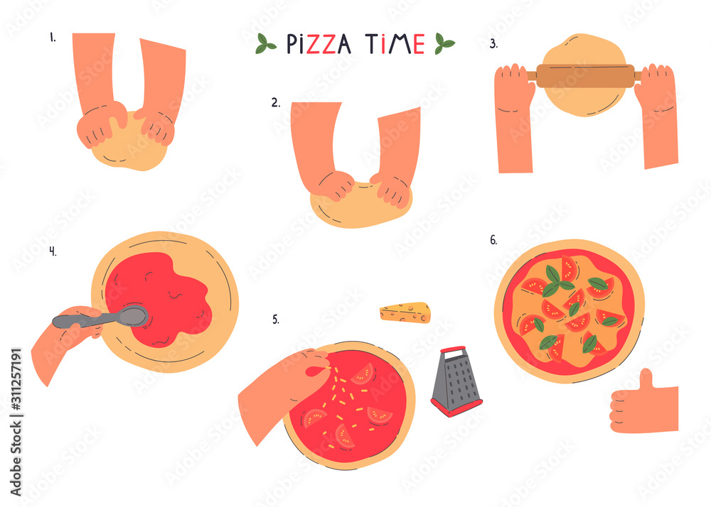 Hands knead dough and making pizza,line drawing isolated symbols for ...