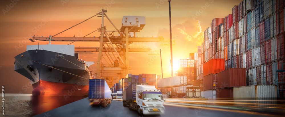 Container truck in ship port for business Logistics and transportation ...