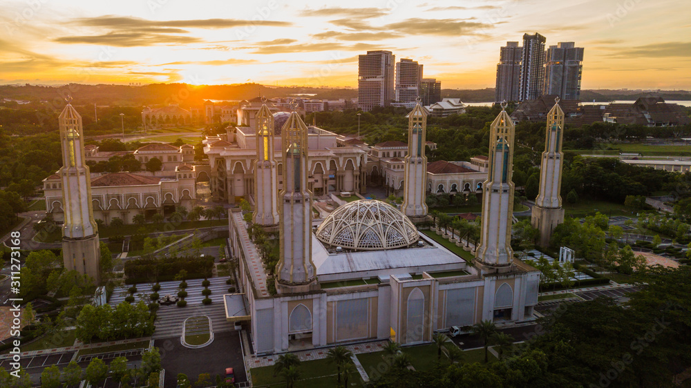 Magnificent aerial view of sunrise at The Kota Iskandar Mosque located ...