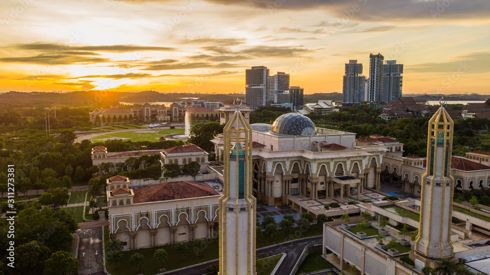 Magnificent aerial view of sunrise at The Kota Iskandar Mosque located ...