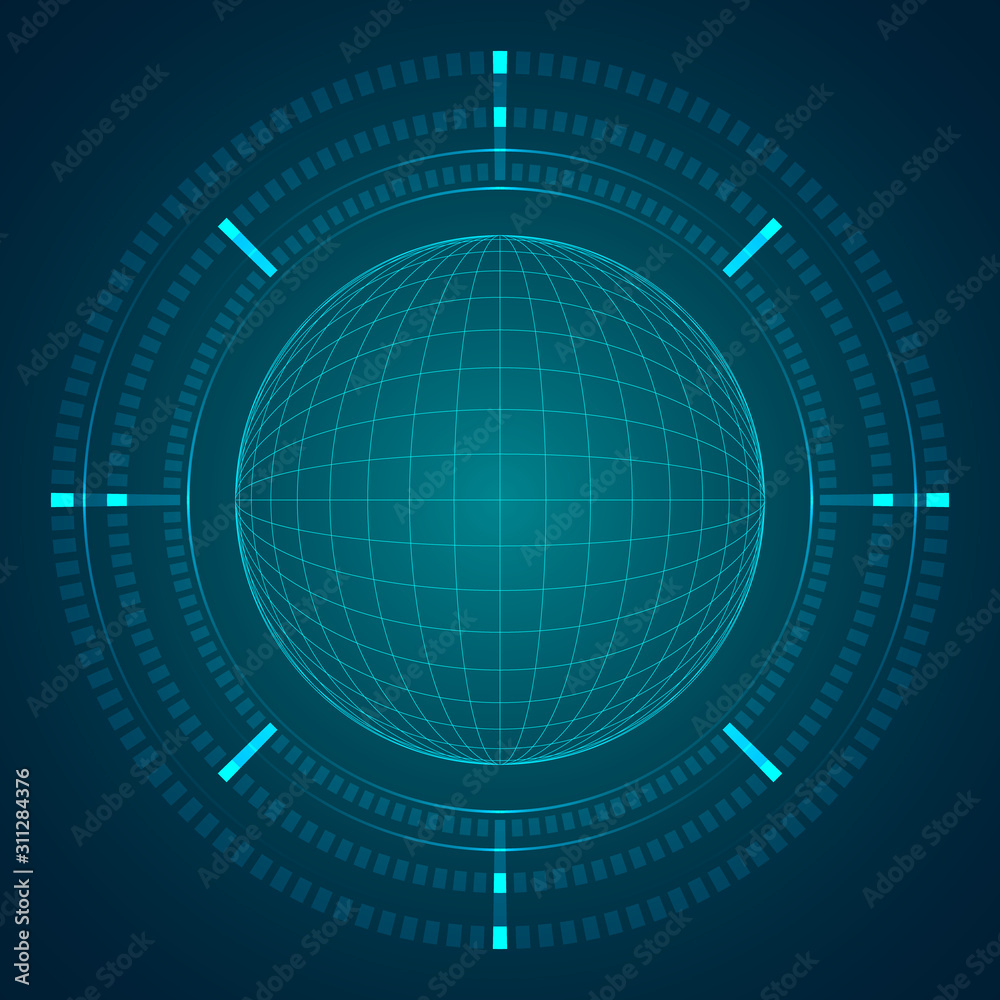 HUD sphere grid with 3 degree indicator on blue dark background digital ...