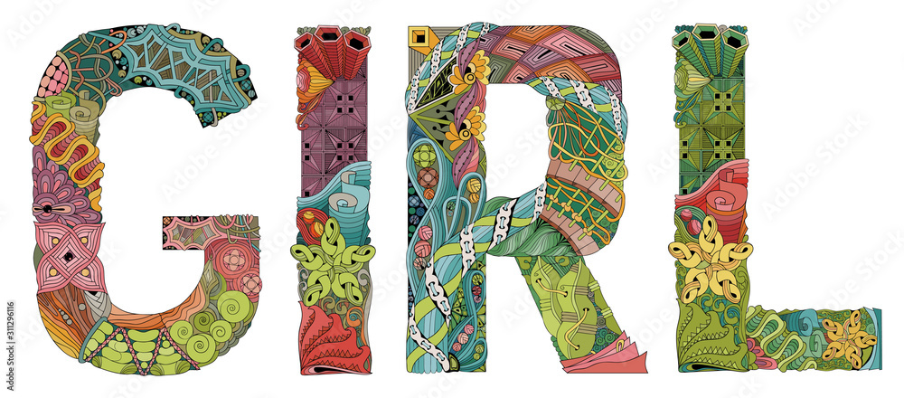 Word GIRL with falling leaves. Vector decorative zentangle object Stock ...