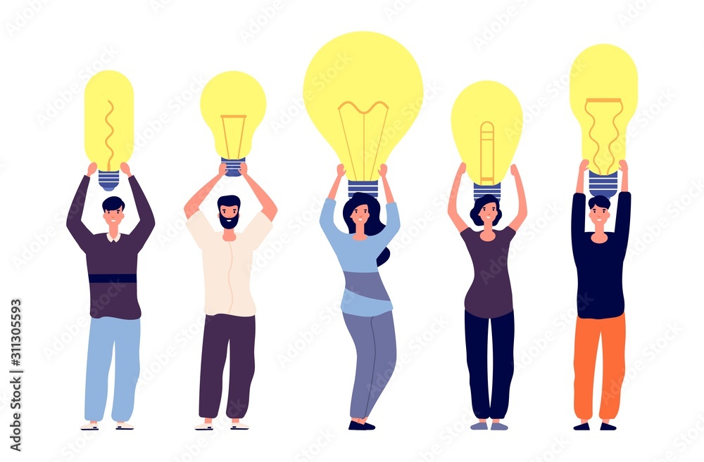 People and ideas. Different persons hold light bulbs vector ...