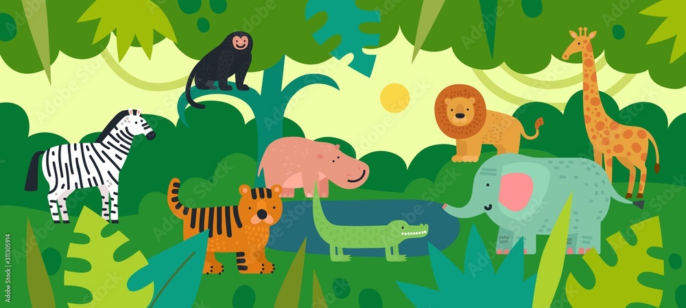 Jungle with animals. Zebra, monkey and hippo, tiger and crocodile ...
