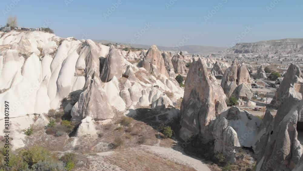 Aerial view from drone flying through a valley of Cappadocia, Turkey ...