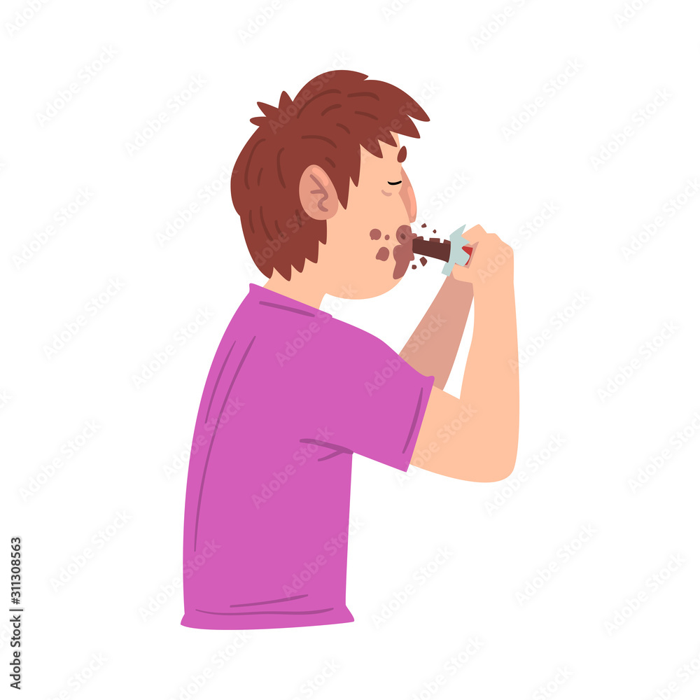 Guy Eating Chocolate, Sweet Tooth Man Cartoon Character Enjoying Eating ...