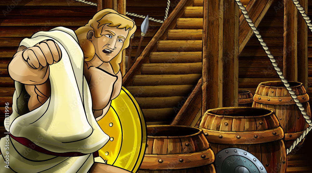 cartoon scene with roman or greek ancient character inside wooden ship ...