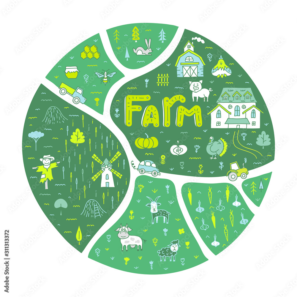 Cartoon farm map with lettering. Sights of the village in a doodle ...
