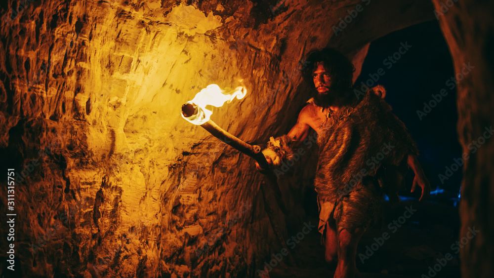 Primeval Caveman Wearing Animal Skin Exploring Cave At Night, Holding ...