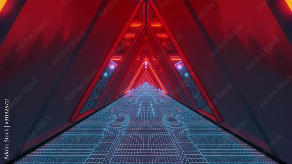 technical scifi space warship tunnel corridor with glowing wireframe ...