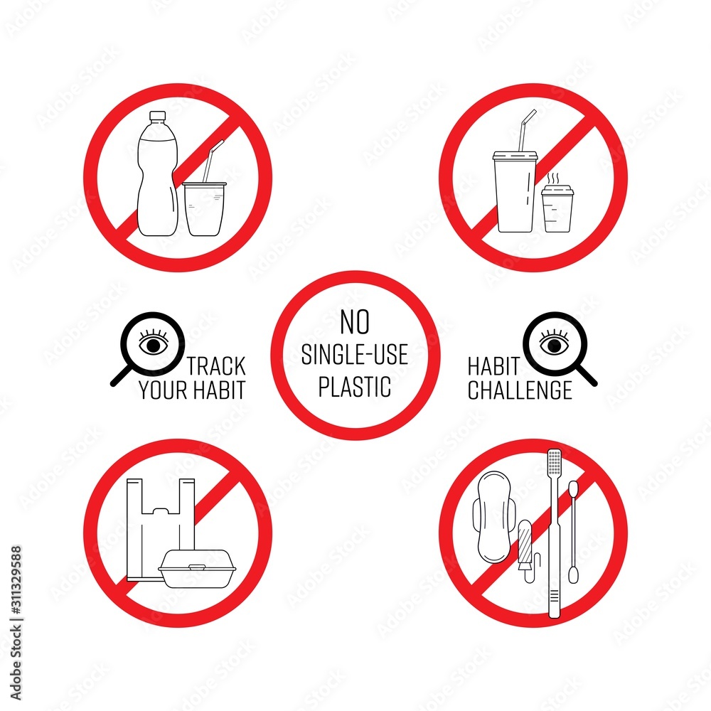 No single-use plastic product symbol set. Track habit and challenge ...