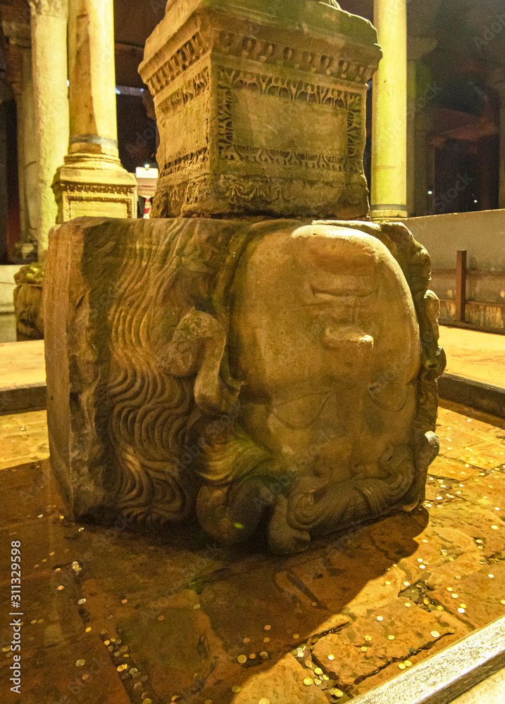 The Basilica Cistern, or Cisterna Basilica with the medusa head Stock ...