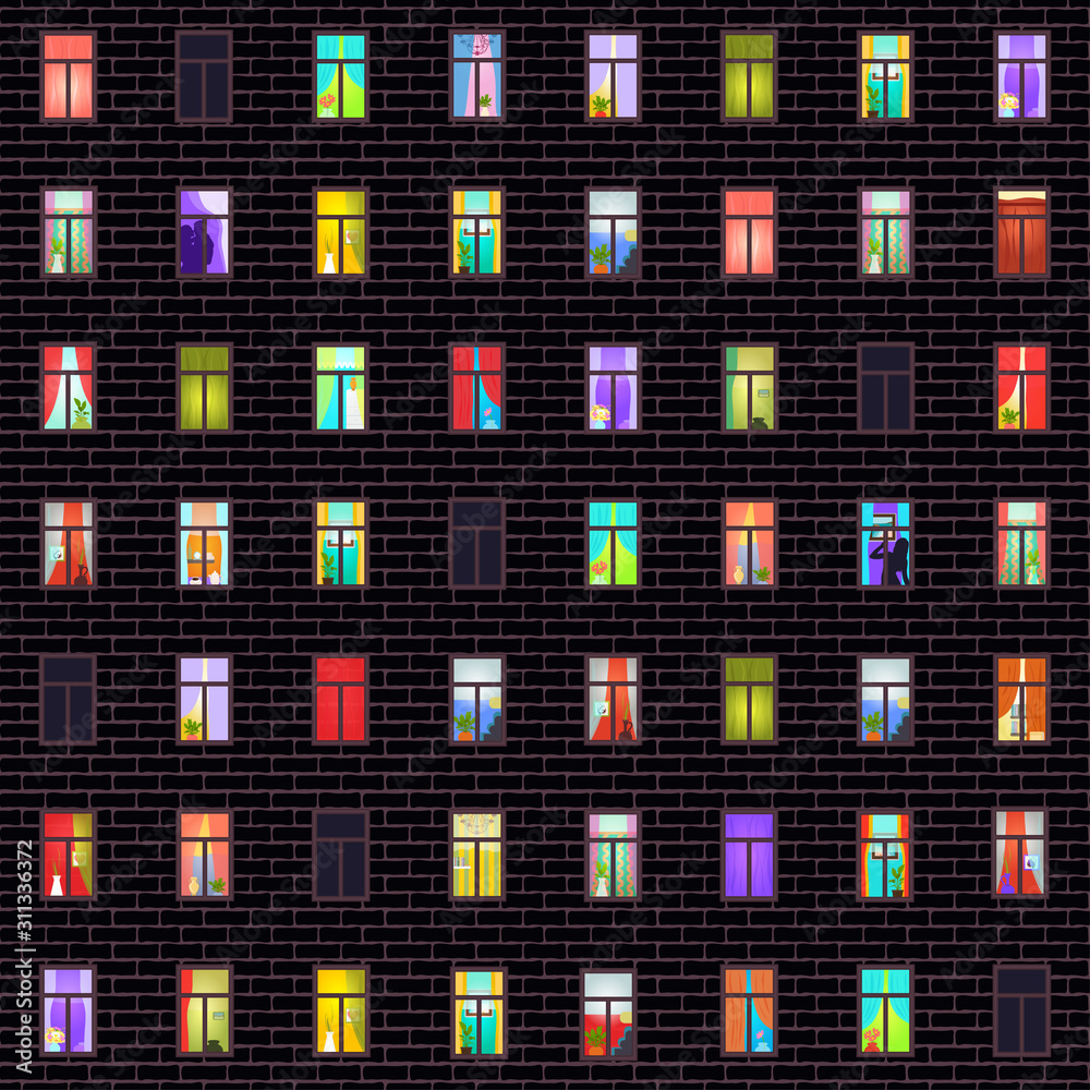 Illuminated windows in facade of a large apartment building, seamless ...