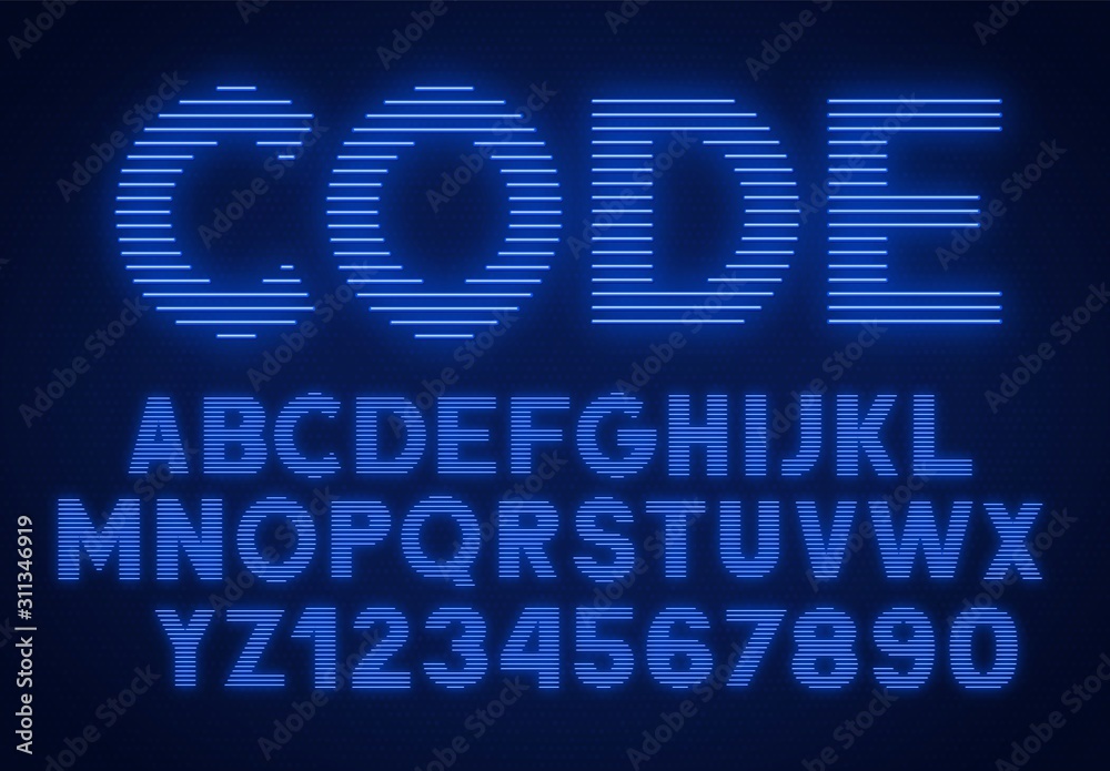 Retro blue front. Striped glowing letters and numbers on dark ...