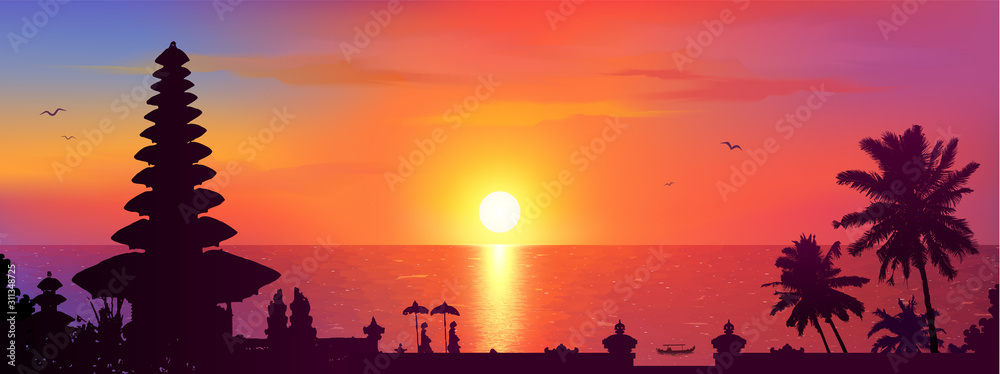 Traditional Balinese temple and palm trees silhouettes on colorful ...