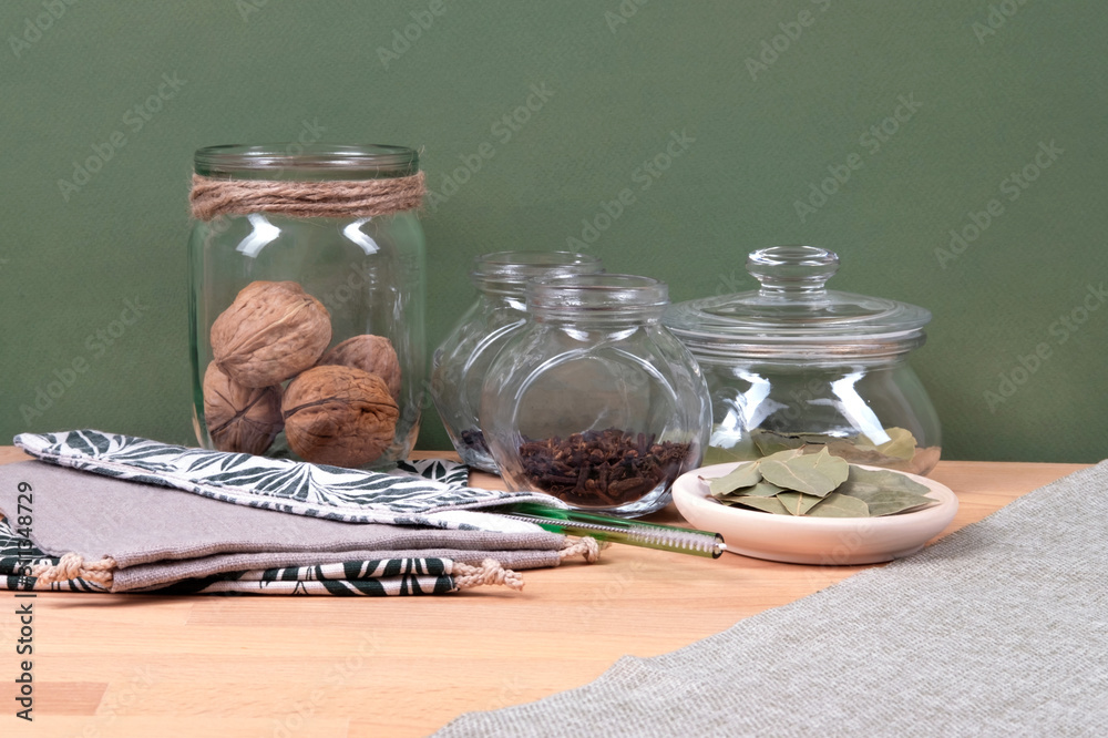 Beautiful composition of reusable objects such as glass tube, linen ...