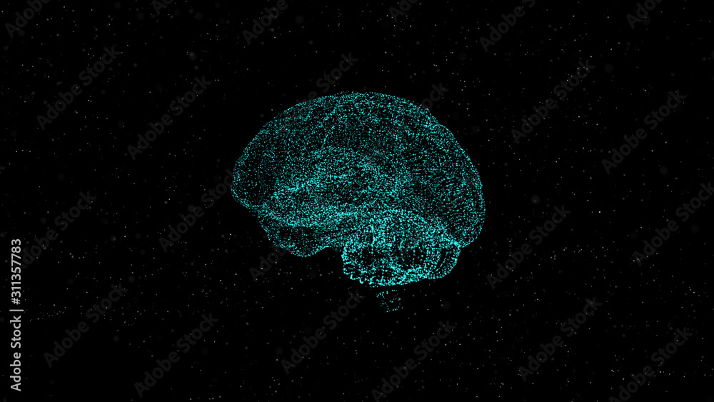 Abstract glowing brain structure formed from tiny particles floating in ...