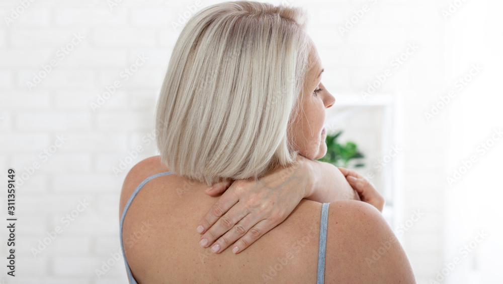 Woman with a pain in the body. Concept photo with indicating location ...