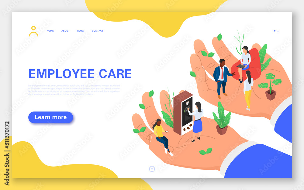 Stockvector Employee care banner concept. Big hands hold little people ...