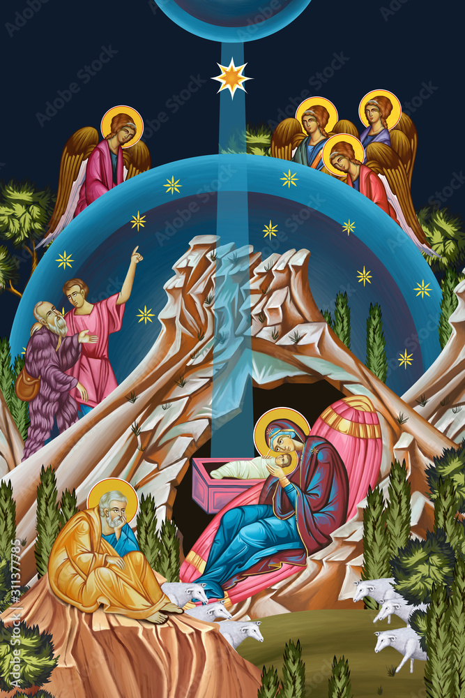 Jesus birth. Christmas religious illustration in Byzantine style Stock ...