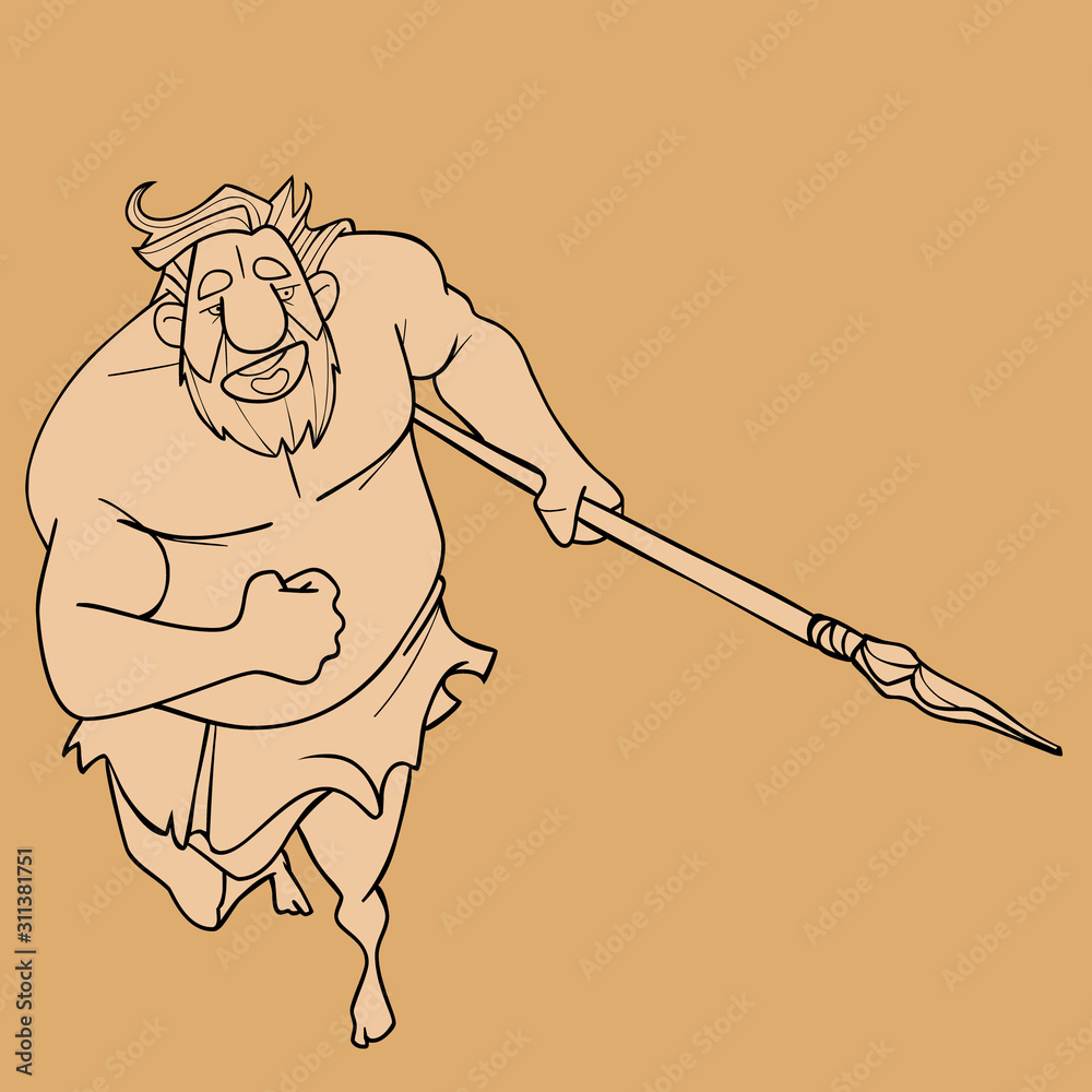 sketch of a cartoon running ancient neanderthal man with a spear in his ...