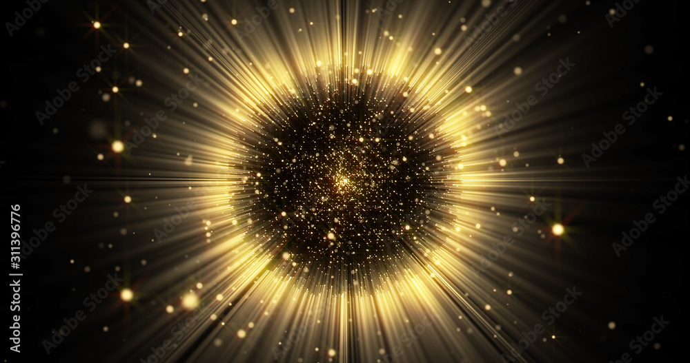 Gold light sphere ball with glitter sparkles burst and glowing shimmer ...