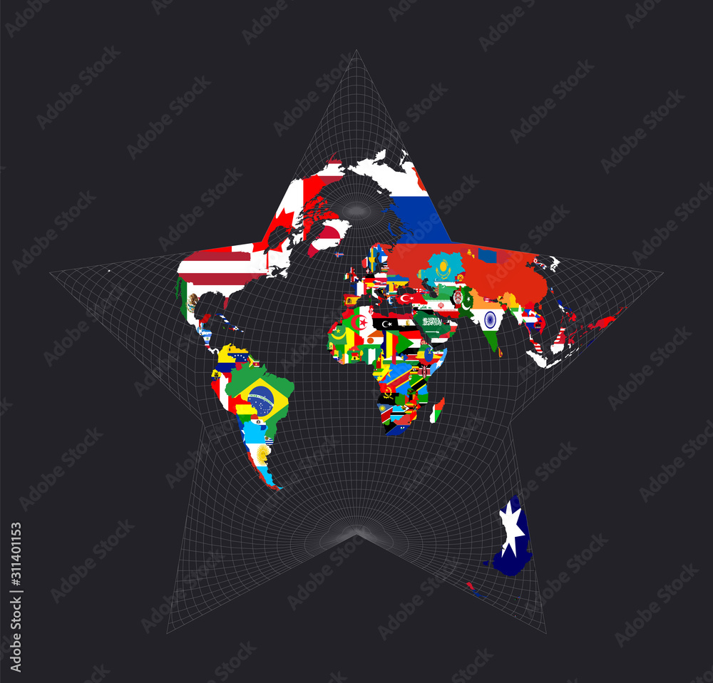 Map with flagsofallcountries of the world. Berghaus star projection ...