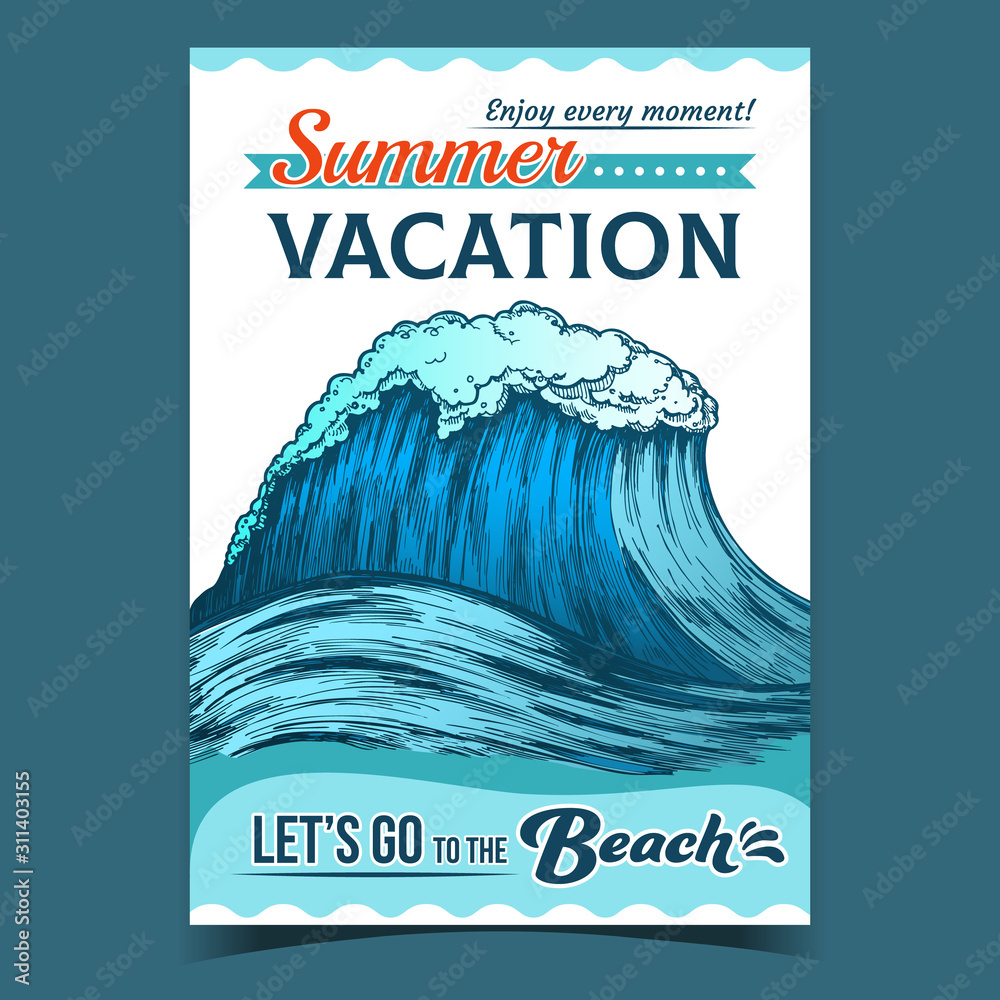 Breaking Pacific Ocean Marine Wave Poster Vector. Enormous Huge Water ...