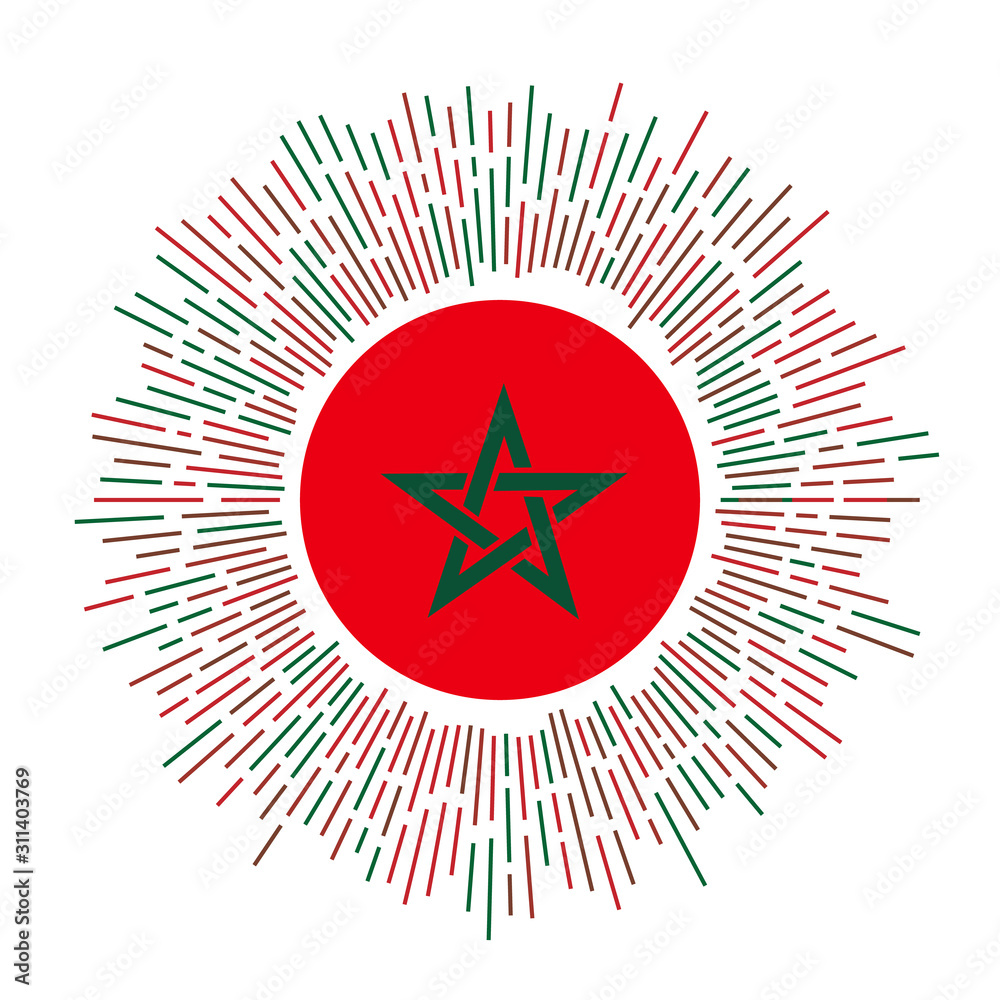 Morocco sign. Country flag with colorful rays. Radiant sunburst with ...