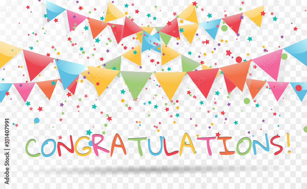 Congratulatory banner with colored confetti and stars on a transparent ...