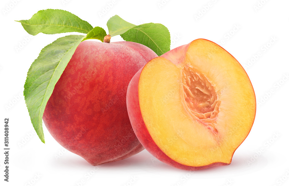 One whole peach fruit and one half isolated on white background with ...