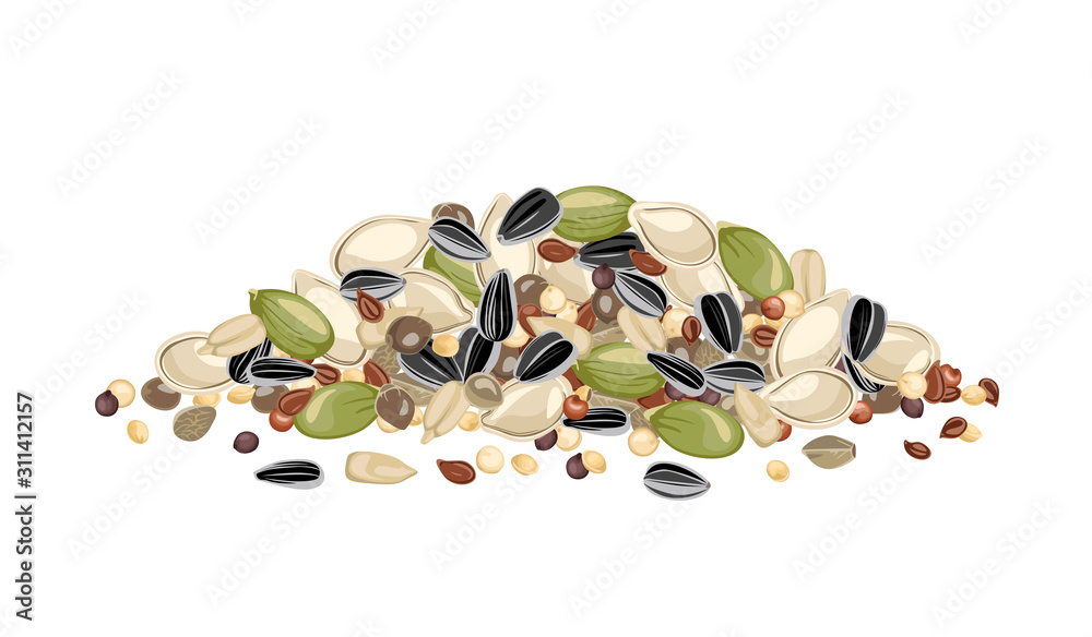 Heap of different seeds isolated on a white background. Sunflower ...