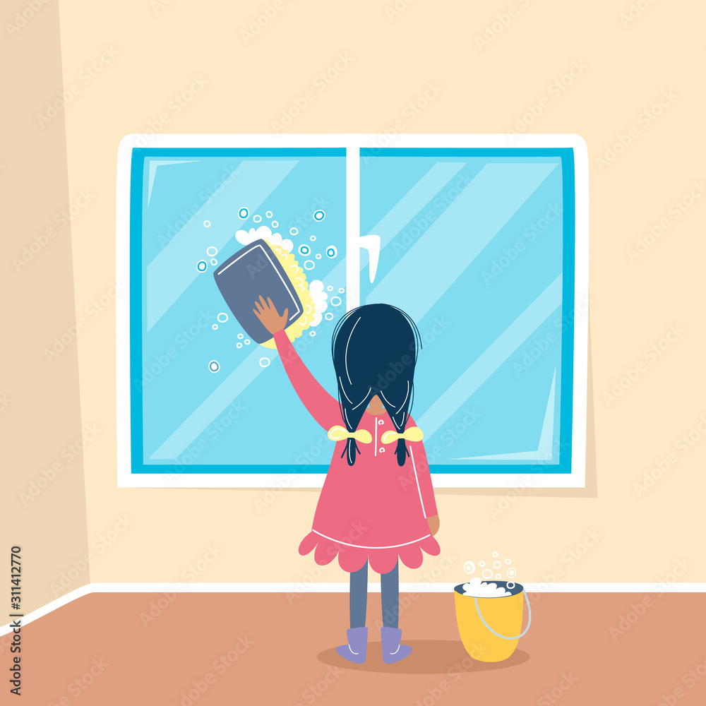 Girl cleaning a window by sponge and soap. Child householding. Washing ...