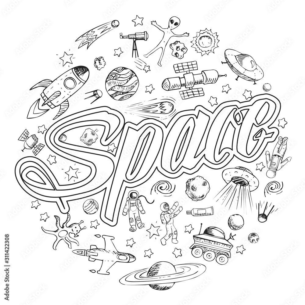 Vector doodle space objects. Astronaut, alien, galaxy, space ship ...