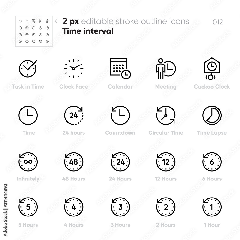 Time interval and Clock Face outline vector icons. Meeting, Calendar ...