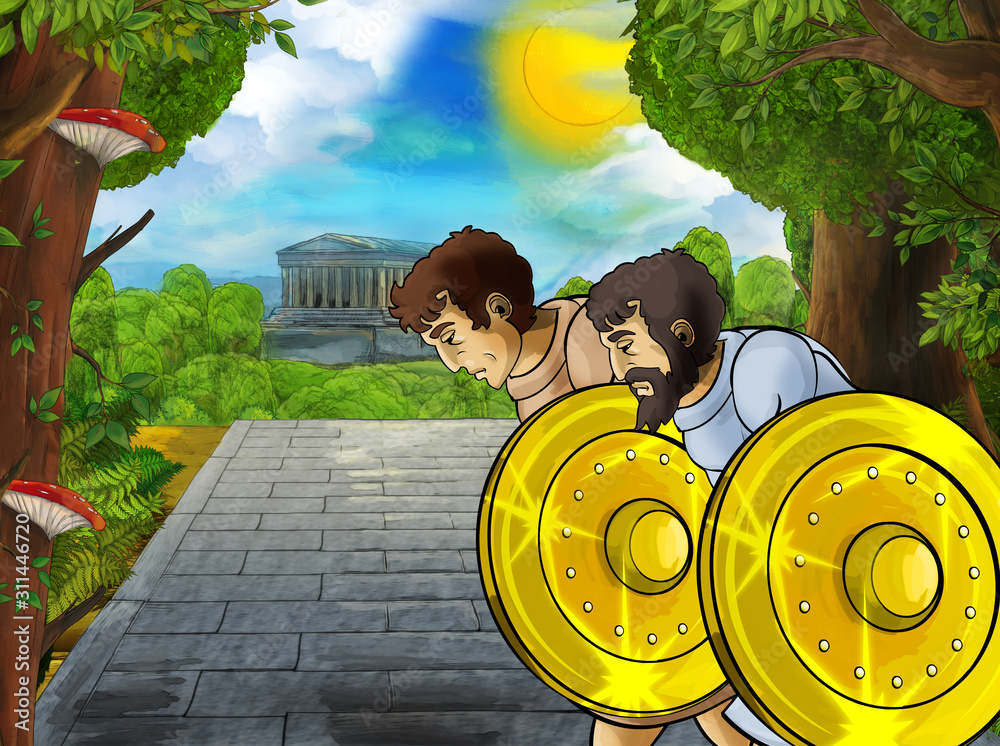 cartoon scene with roman or greek ancient character near some ancient ...