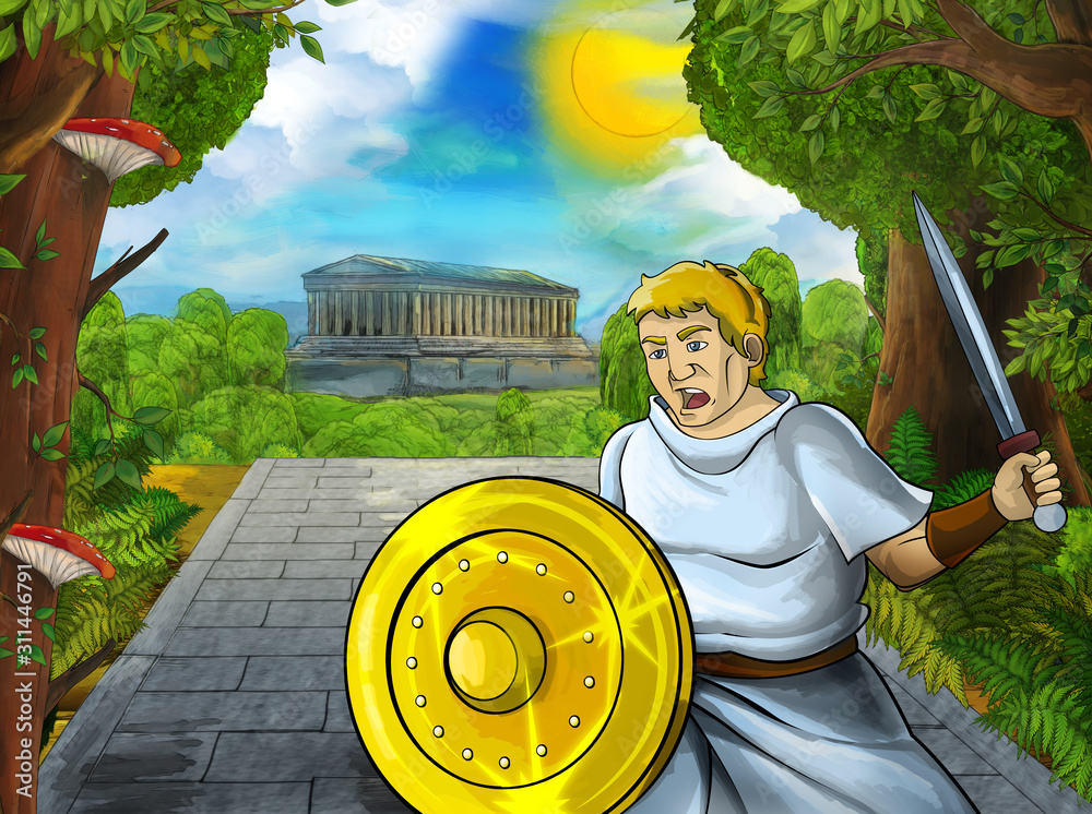 cartoon scene with roman or greek ancient character near some ancient ...