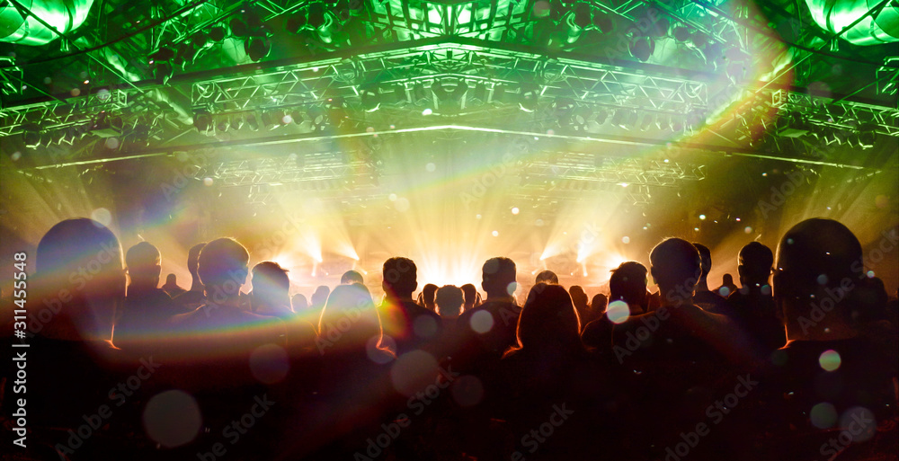 Colorful concert hall crowded with fans attending and clapping a gig ...