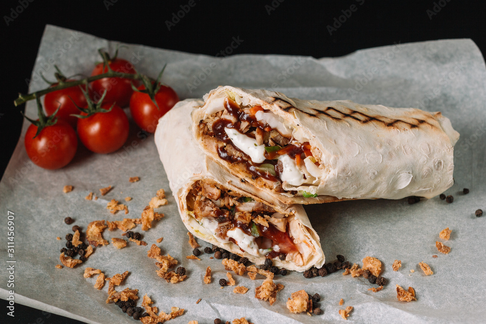 Turkish Shawarma durum Traditional sish kebab wrap and kofte meatball ...