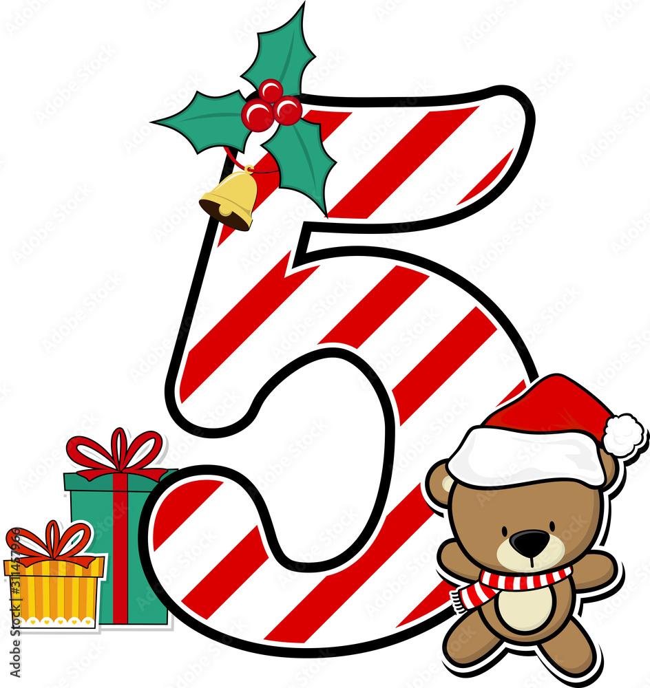 number 5 with cute teddy bear and christmas design elements isolated on ...