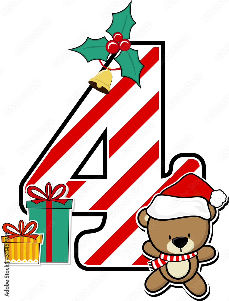 number 4 with cute teddy bear and christmas design elements isolated on ...
