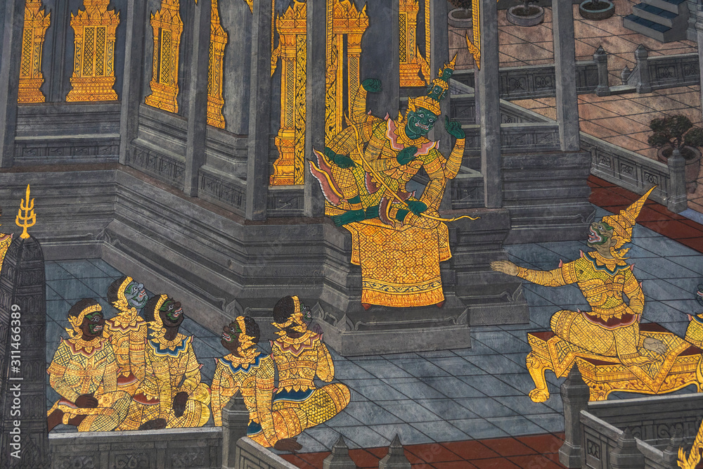 Thai Mural Paintings on the wall depicting the scenes of Ramayana, the ancient Indian epic in ...