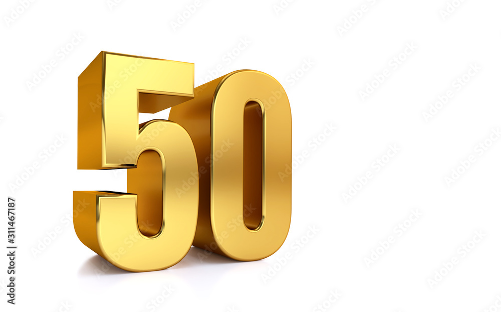 fifty, 3d illustration golden number 50 on white background and copy ...