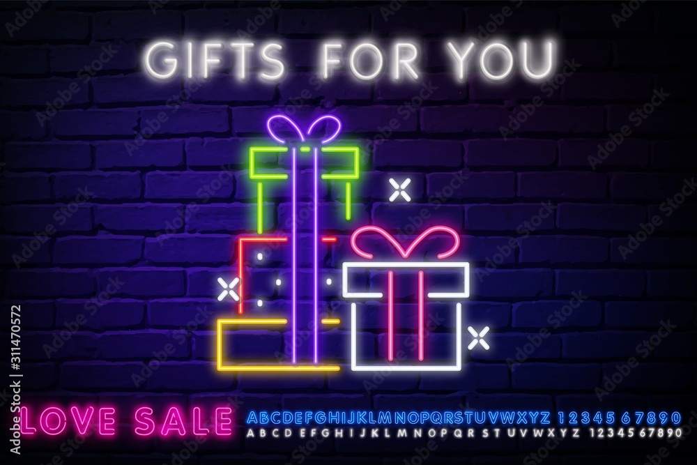 Several gift boxes neon sign. Holiday advertisement design. Gift neon ...