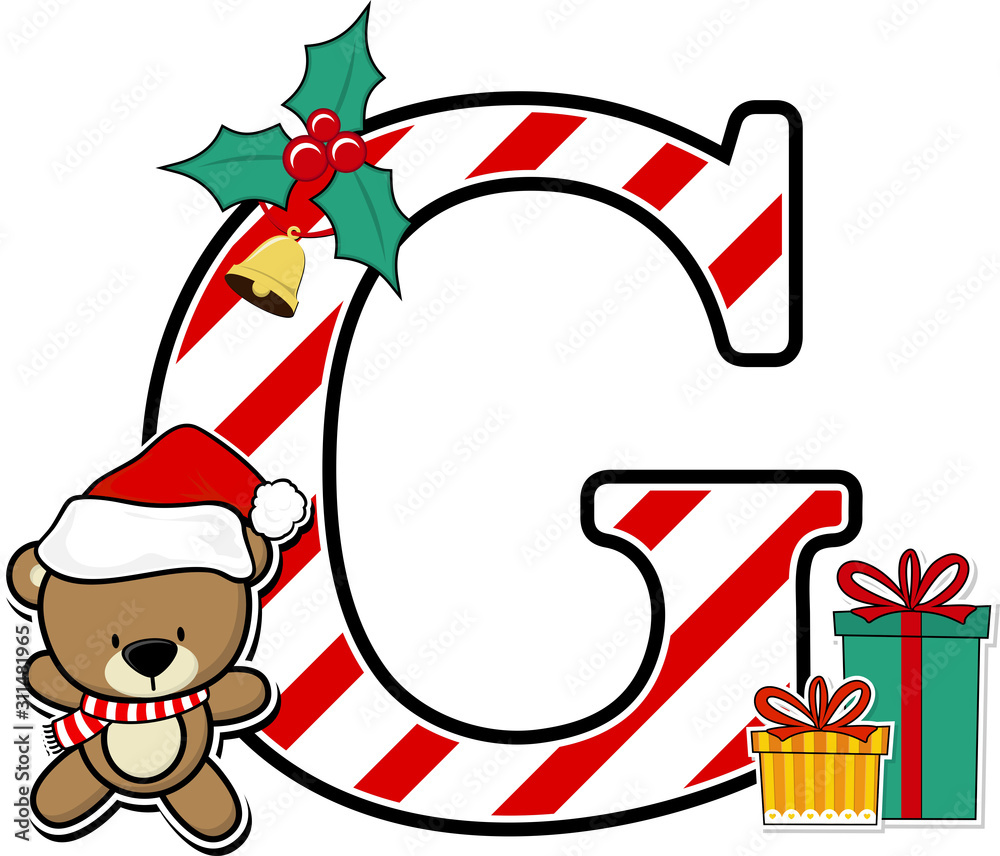 capital letter g with cute teddy bear and christmas design elements ...