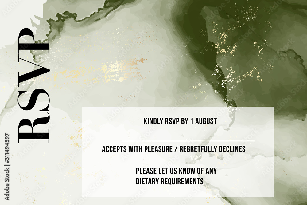 RSVP Vector soft green wedding card, contrast marble alcohol ink with ...
