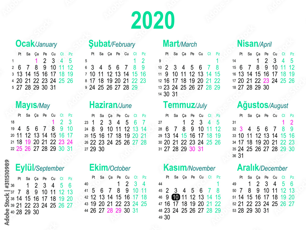 Simple Turkish 2020 year vector calendar. Week starts from Sunday ...