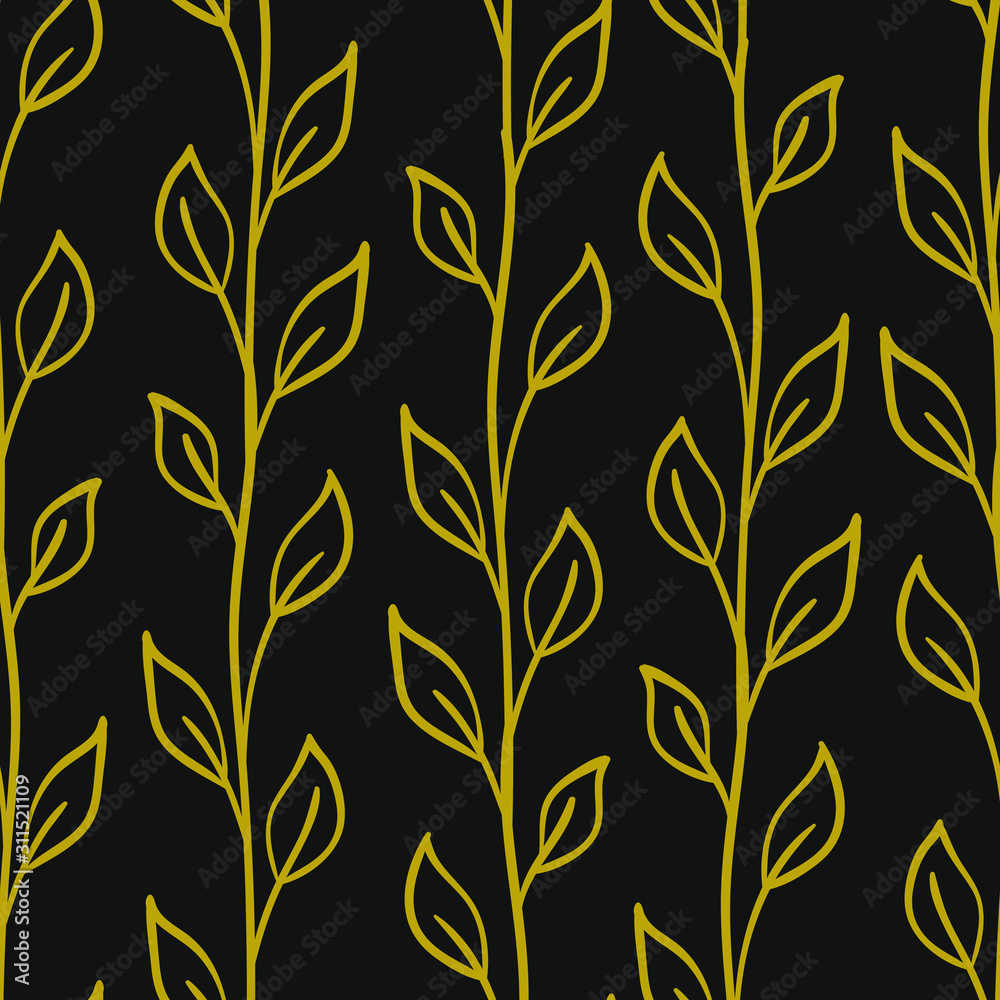 Simple pattern with golden vertical branches and leaves; black floral ...