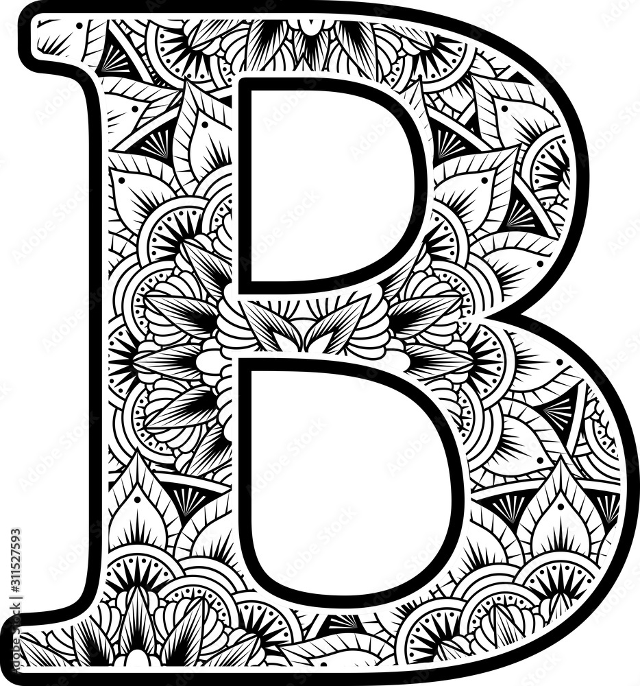 capital letter b with abstract flowers ornaments in black and white ...