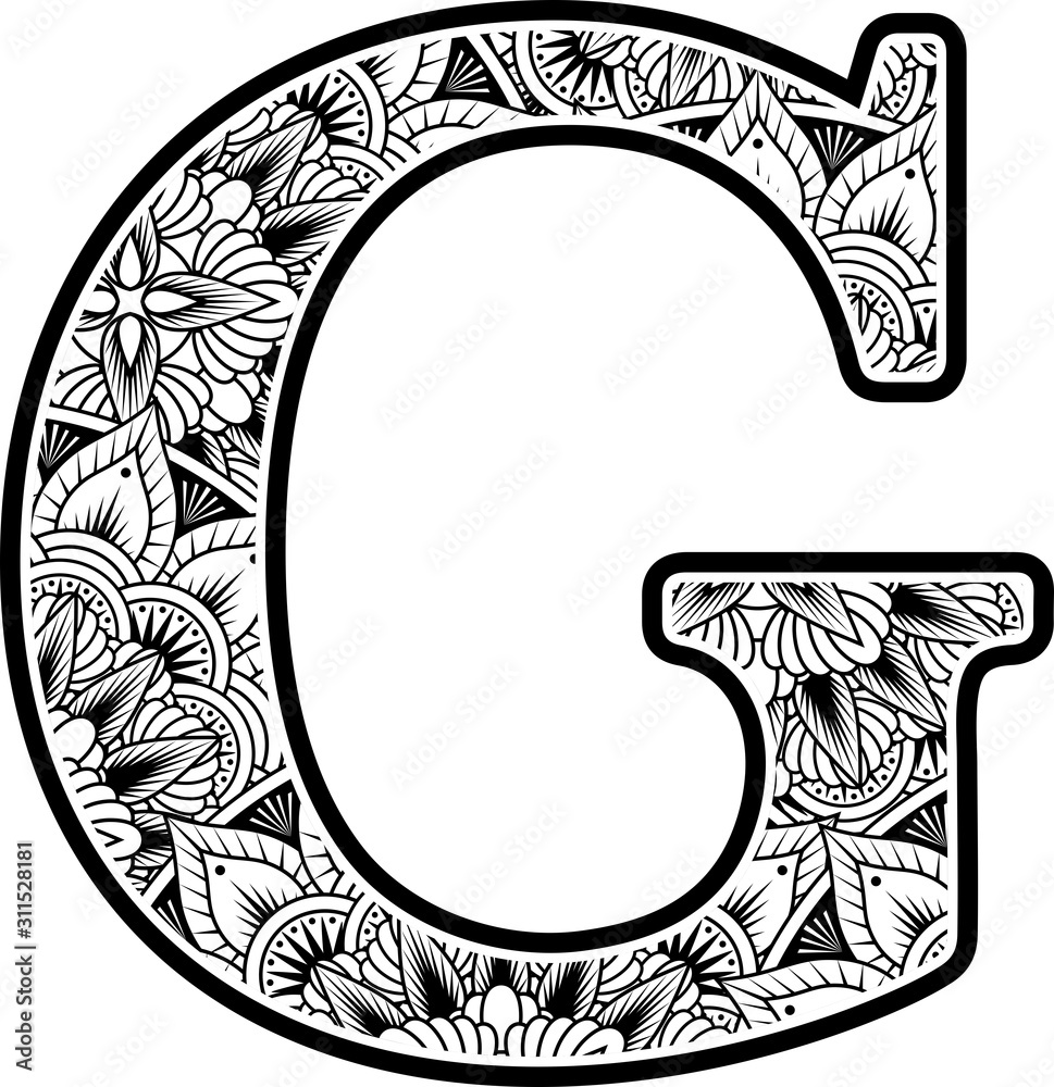 capital letter g with abstract flowers ornaments in black and white ...